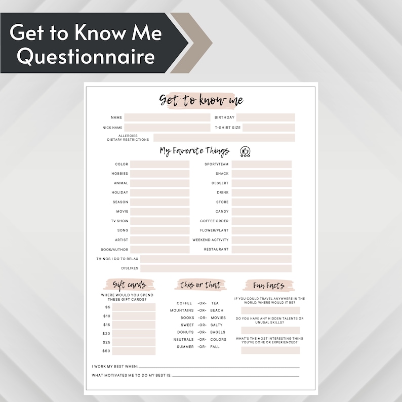 Getting to Know You Questionnaire My Favorite Things About Me Team ...