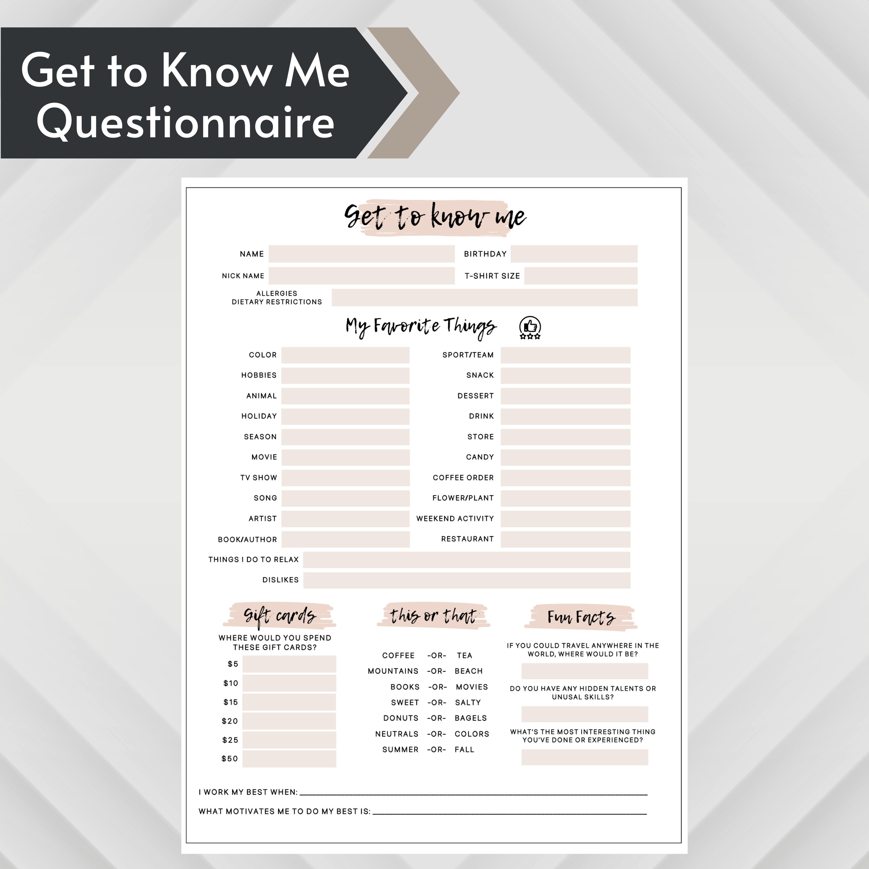 Getting to Know You Questionnaire My Favorite Things About Me Team ...