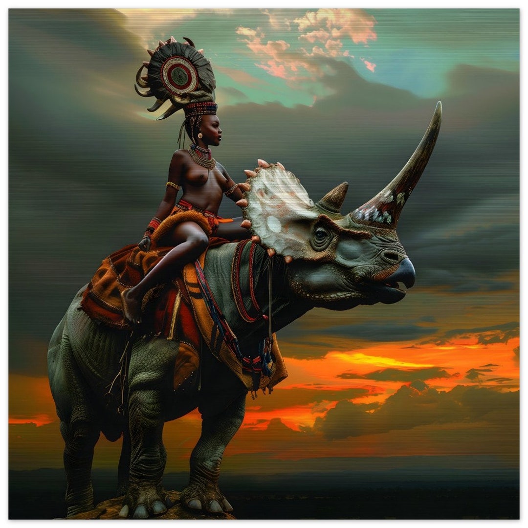 Tanzanian Haya Princess Riding on a Triceratops brushed Aluminum Print ...