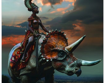 Tanzanian Haya Princess Riding on a Triceratops brushed Aluminum Print ...