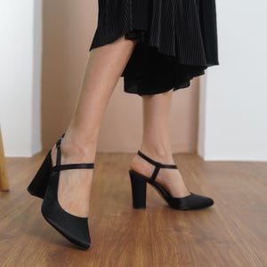 Black Bridesmaid Heels, Silky Satin Ankle Straps Wedding Shoes, Bride ...