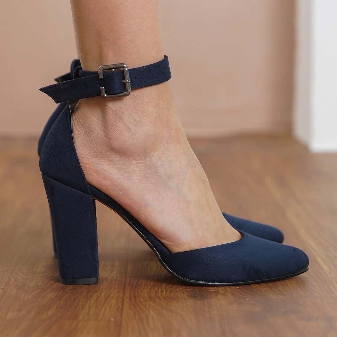 Navy Blue Ankle Strap Shoes, Vegan Suede Wedding Shoes With High Block ...