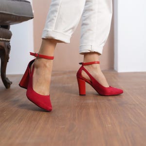 Red Wedding Heels, Vegan Suede Bridal Shoes With High Block Heels ...