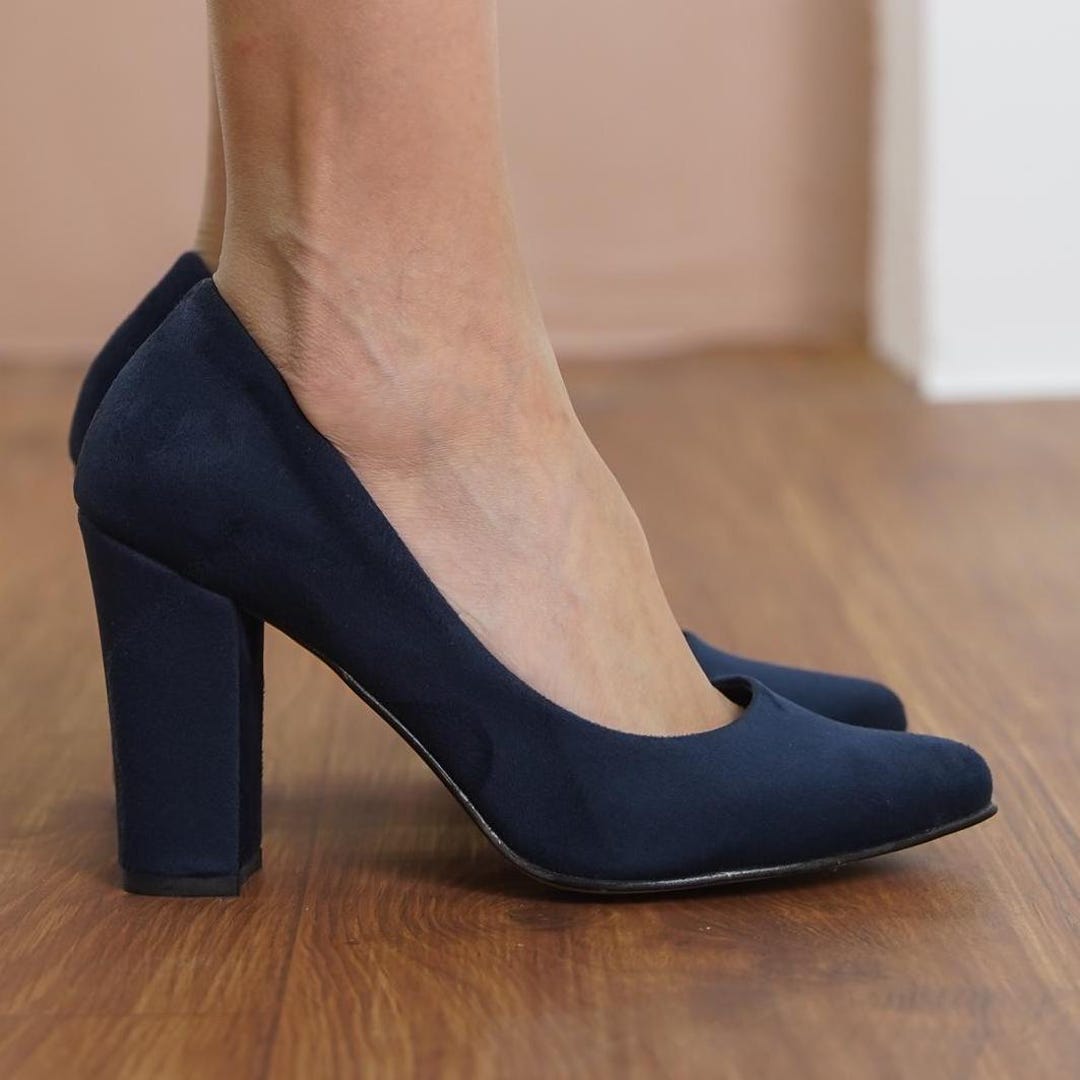 Navy Blue Bridal Heels, Vegan Suede Wedding Shoe, Elegant High Block ...
