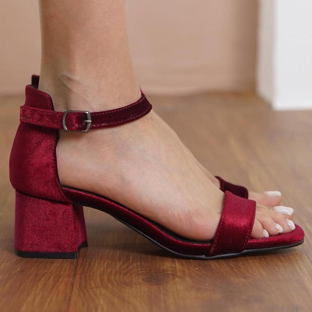 Burgundy One Band Heels, Red Velvet Open Toe Ankle Straps Short Wedding ...