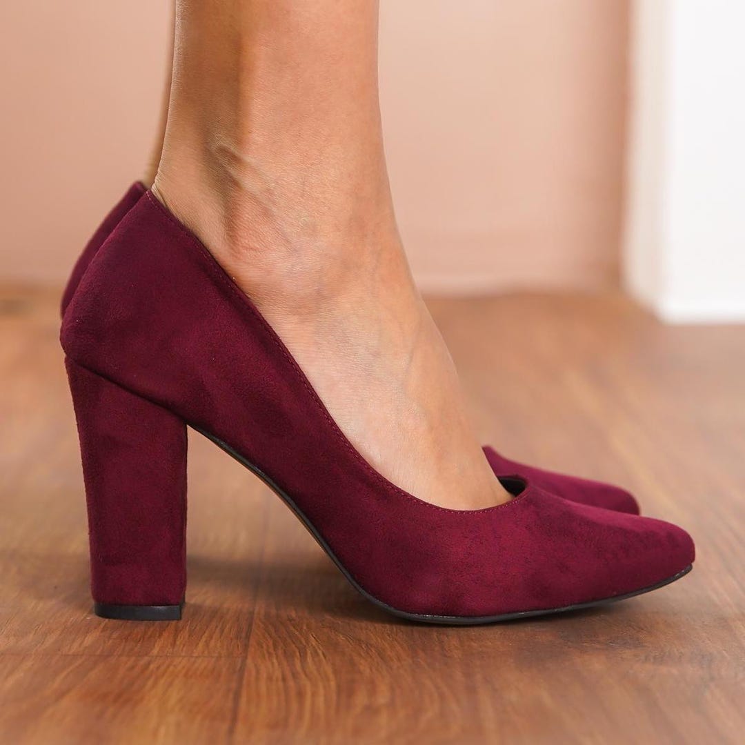 Burgundy Bridal Heels, Maroon Suede Shoes , Elegant High Block Heels ...