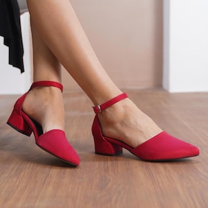 Red Wedding Heels, Vegan Suede Wedding Shoes, Red Low Block Heels for ...