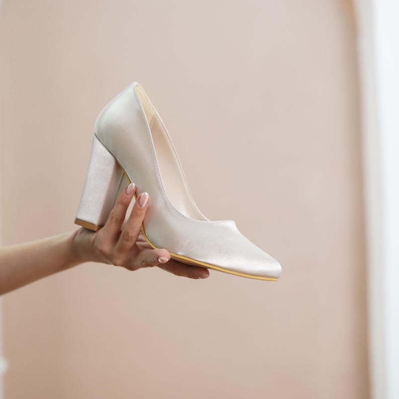 Cream Satin Bridal Heels, Silky Satin Wedding Shoes, Elegant High Block ...