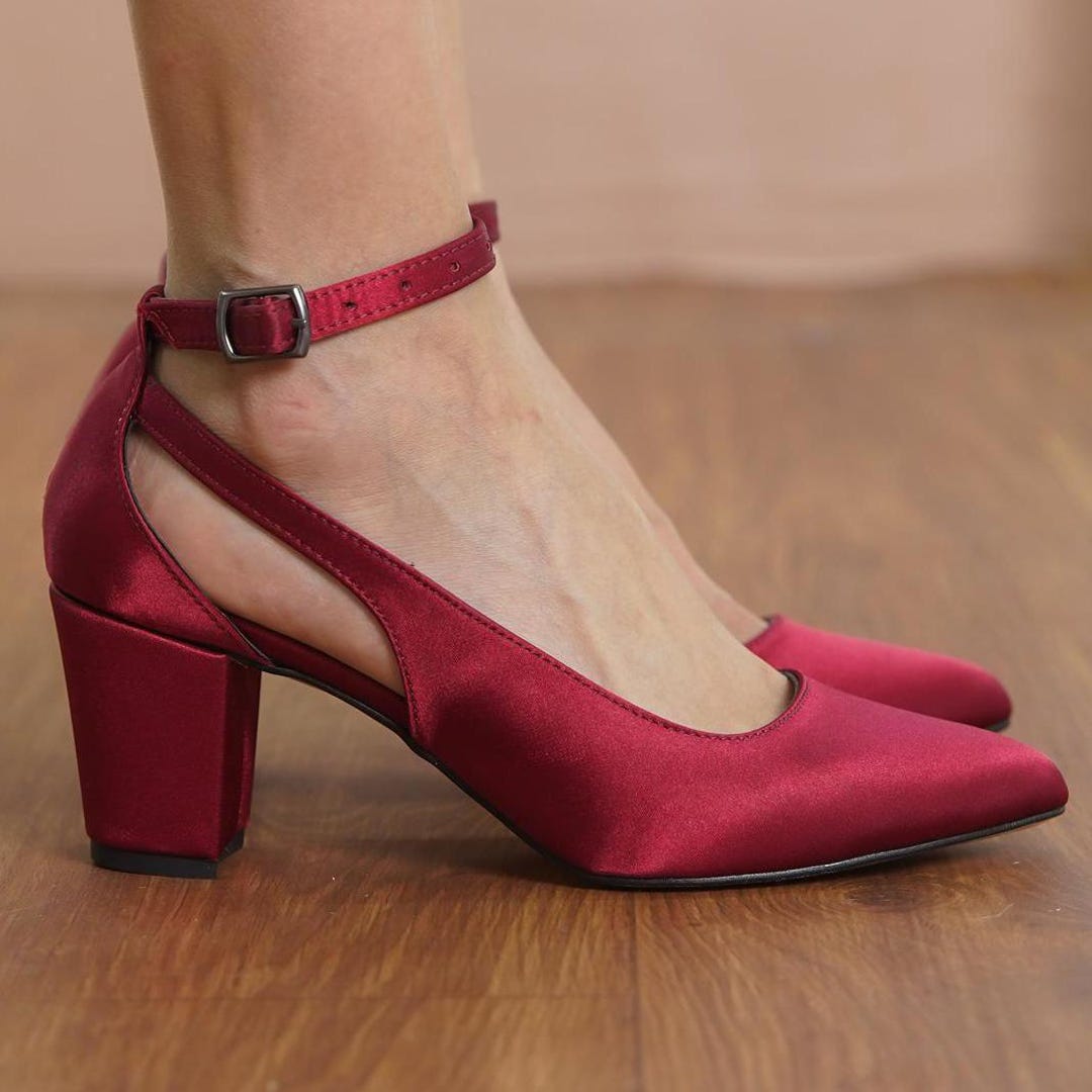 Burgundy Wedding Heels, Silky Satin Bridal Shoes With Medium High Block ...