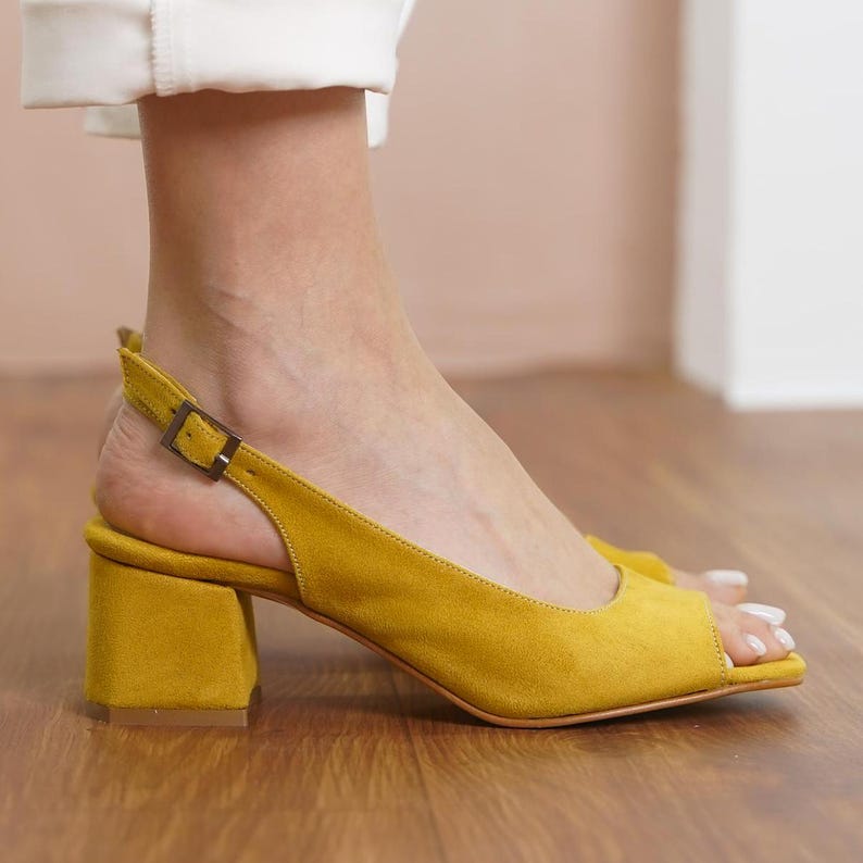 Mustard Bride Heels, Vegan Suede Wedding Heels, Low Block Heels for ...