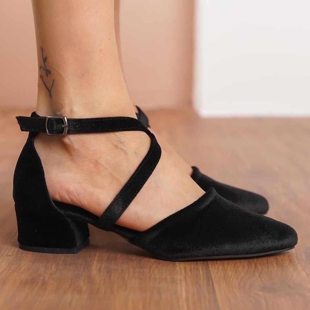 Black Criss Cross Heels, Emerald Silky Velvet Closed Toe Ankle Straps ...