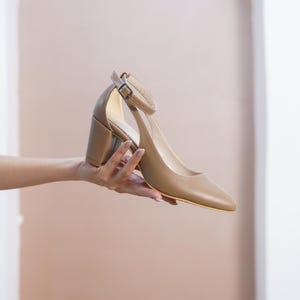 Light Brown Wedding Heels, Taupe Vegan Leather Bridal Shoes With Medium ...