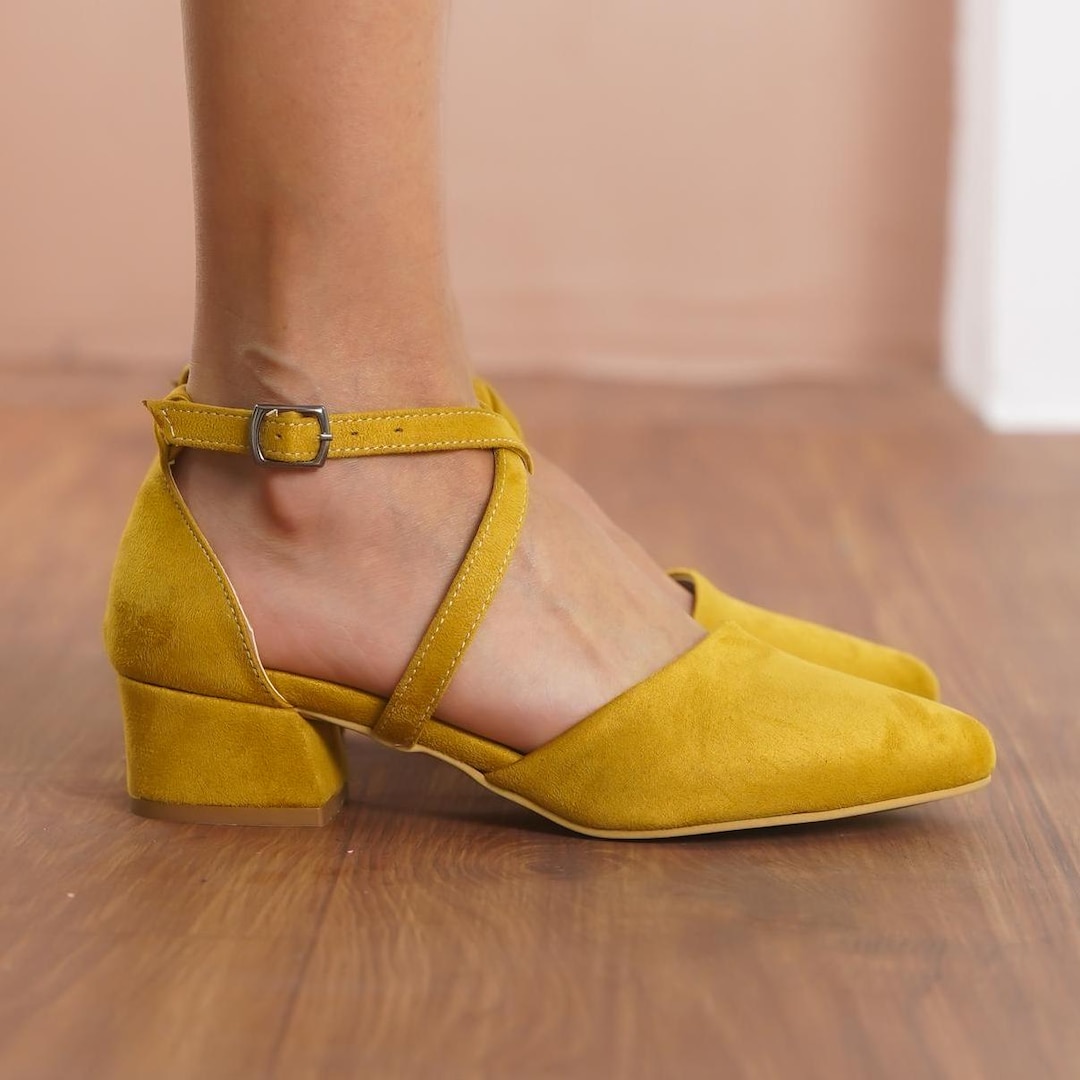 Mustard Criss Cross Heels, Vegan Suede Closed Toe Ankle Strap Low ...