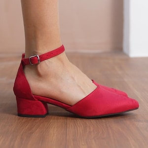 Red Wedding Heels, Vegan Suede Wedding Shoes, Red Low Block Heels for ...