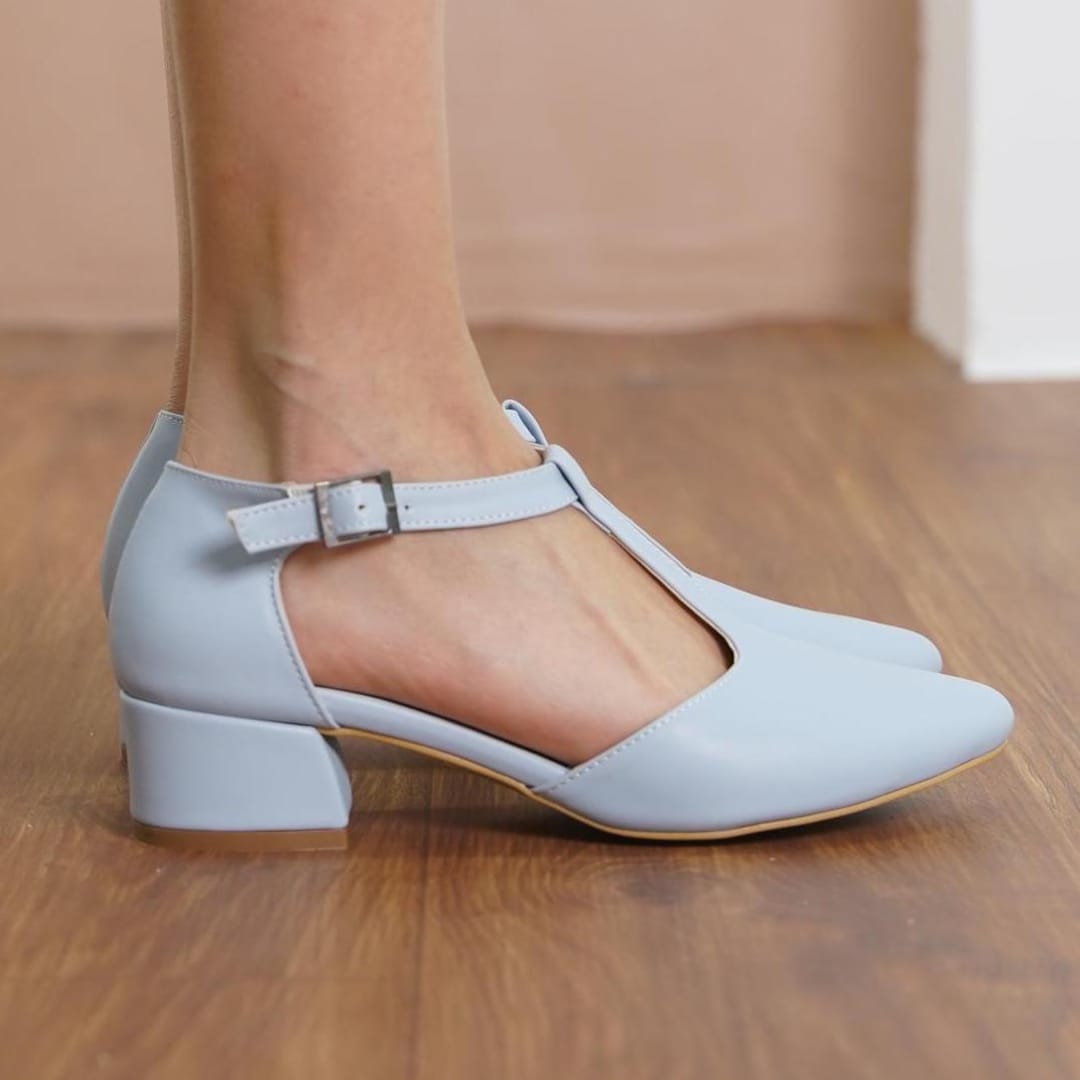 Baby Blue Mary Jane Shoes, Vegan Leather T-straps Boho Heels, Light ...