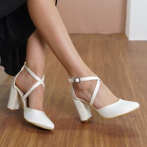 White Criss Cross Heels, Silky Satin Closed Toe Ankle Straps Wedding ...