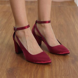 Burgundy Wedding Heels, Silky Satin Bridal Shoes With Medium High Block ...