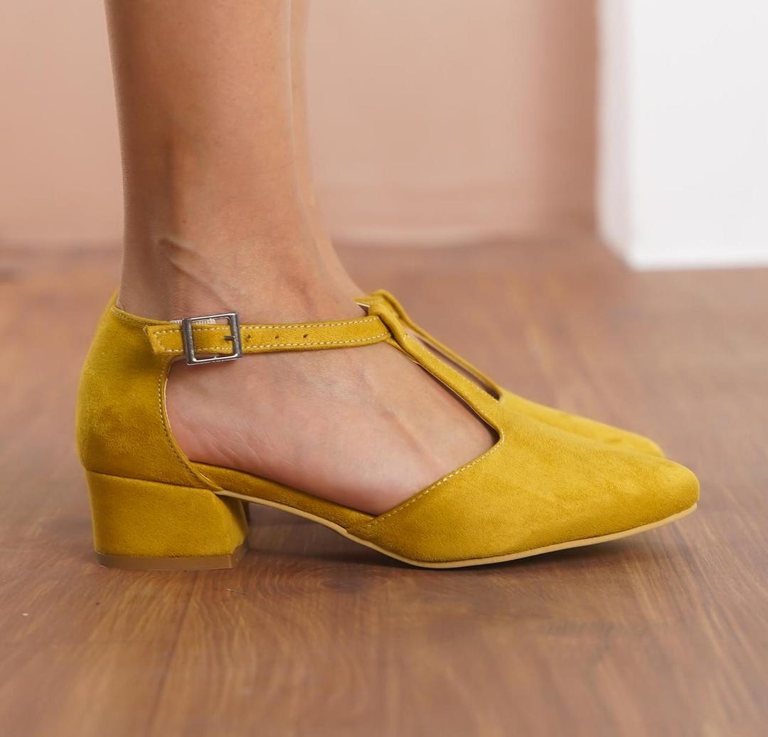 Yellow Mary Jane Shoes, Mustard Vegan Suede T-straps Boho Wedding Heels ...