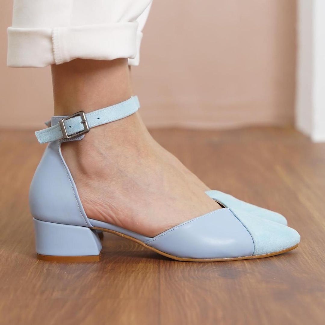 Baby Blue Wedding Shoes, Light Blue Vegan Leather and Suede Short Wedding Shoes Low Block Brial ...