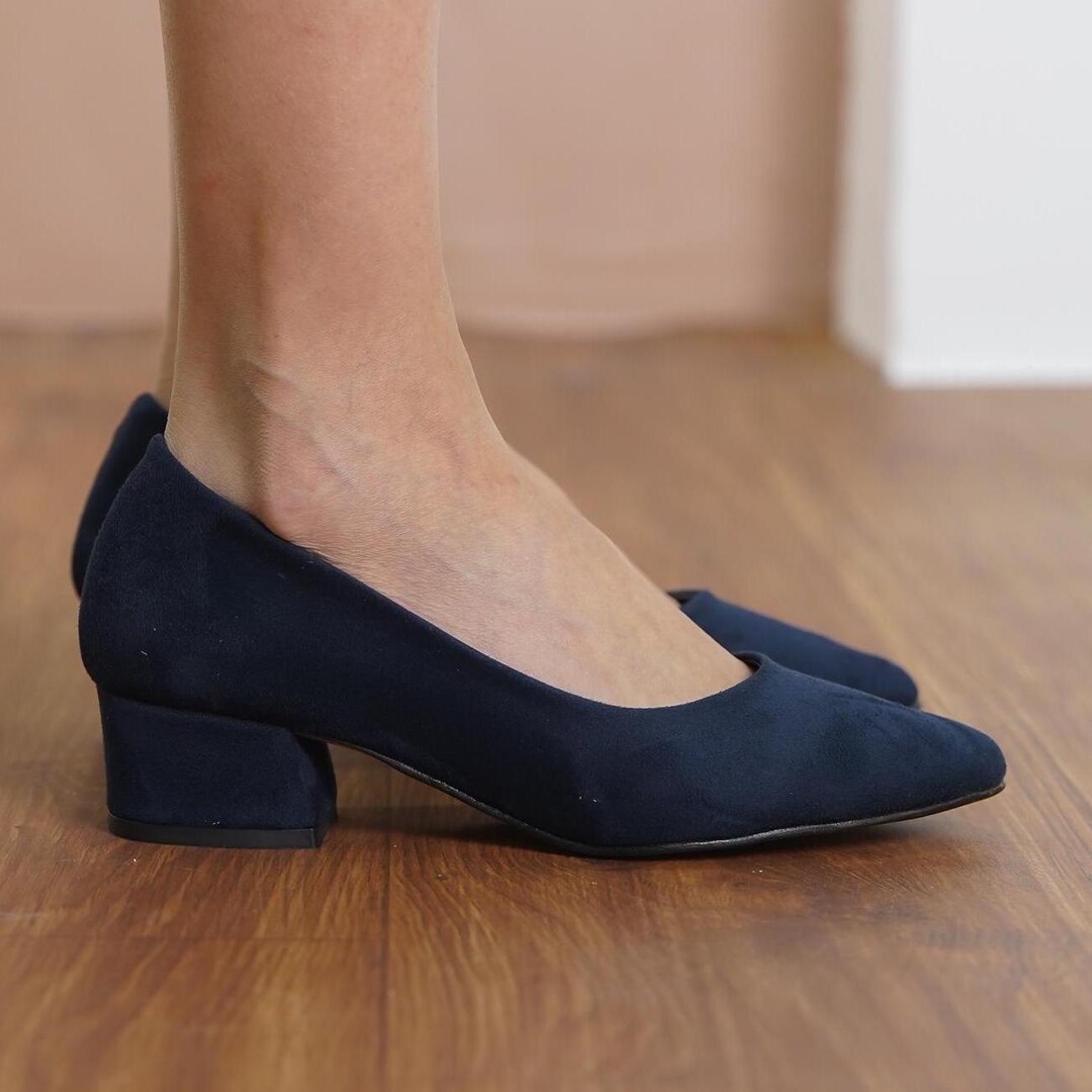 Navy Blue Bridal Heels, Vegan Suede Wedding Shoes, Elegant Low Block ...