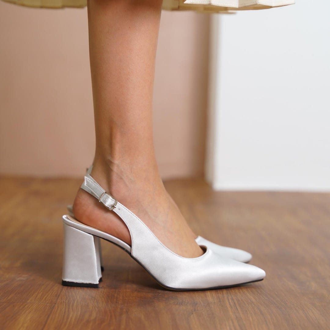 Silver Wedding Heels, Silky Satin Wedding Shoes, Medium High Block ...