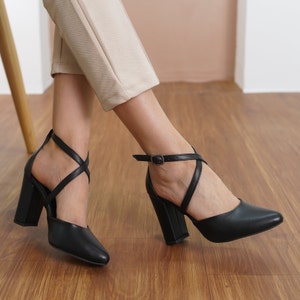 Black Criss Cross Heels, Vegan Leather Closed Toe Ankle Straps Wedding ...