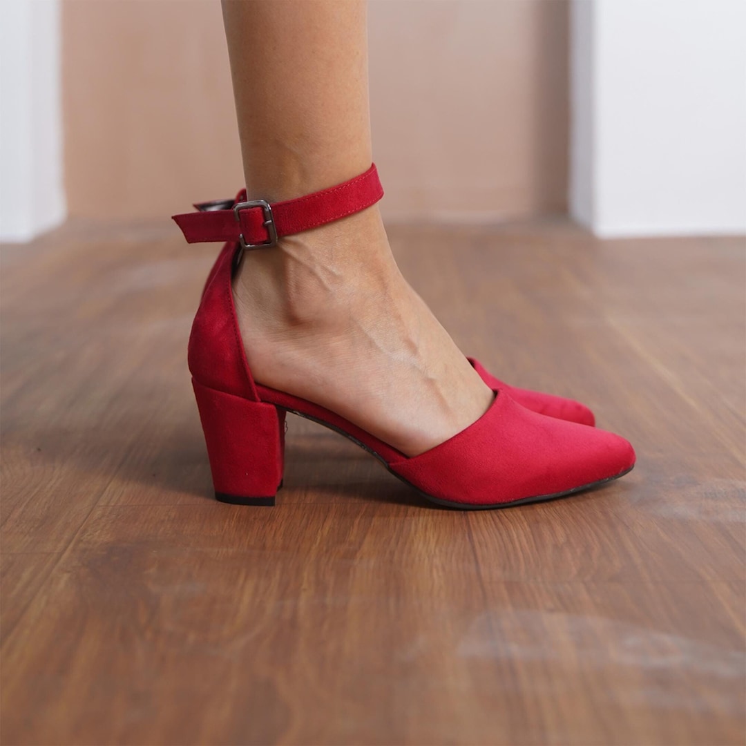 Red Wedding Shoes, Vegan Suede Women Heels, Red Medium High Block Heel ...