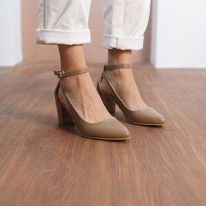 Light Brown Wedding Heels, Taupe Vegan Leather Bridal Shoes With Medium ...