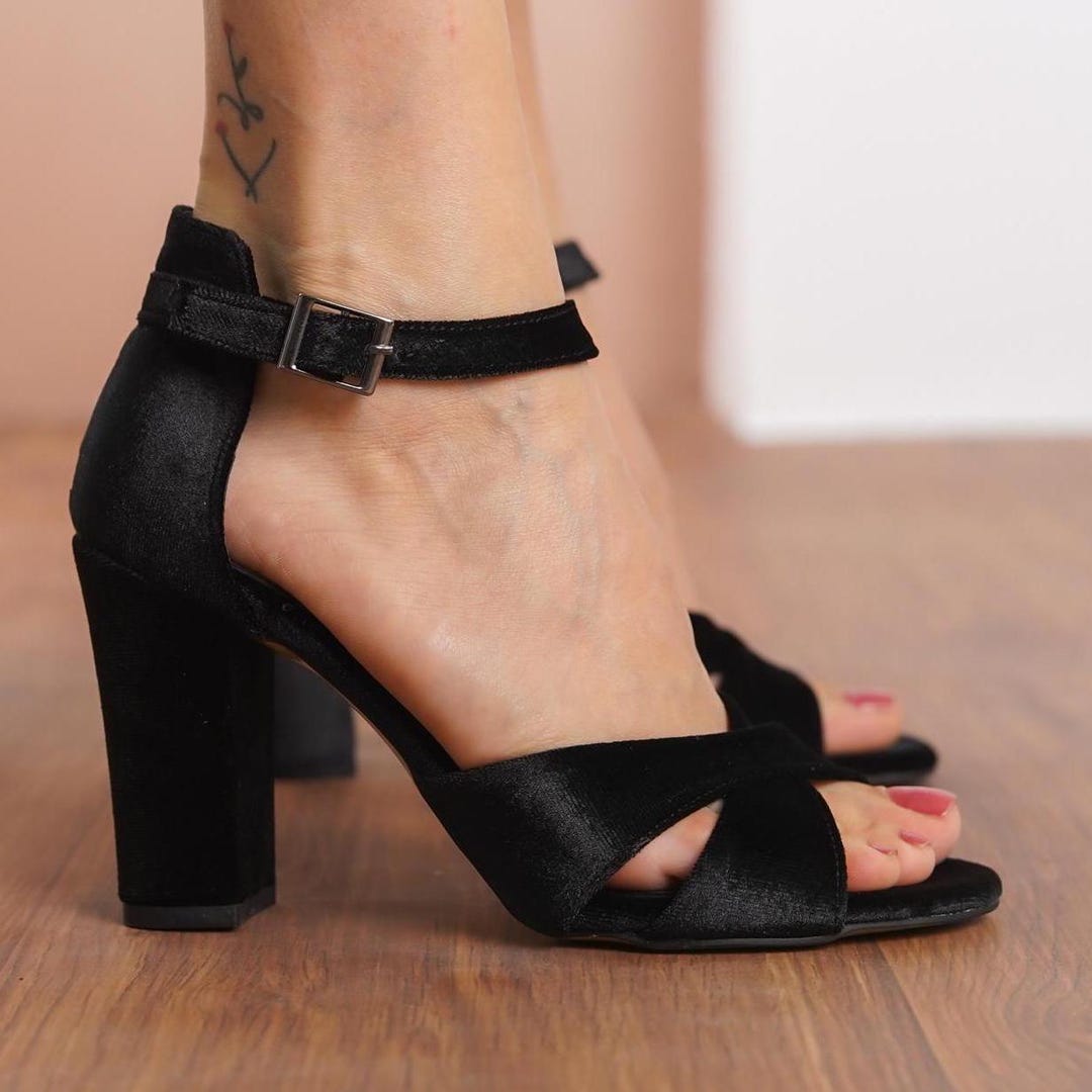 Black Criss Cross Shoes, Black Silky Velvet Open Toe Ankle Straps ...