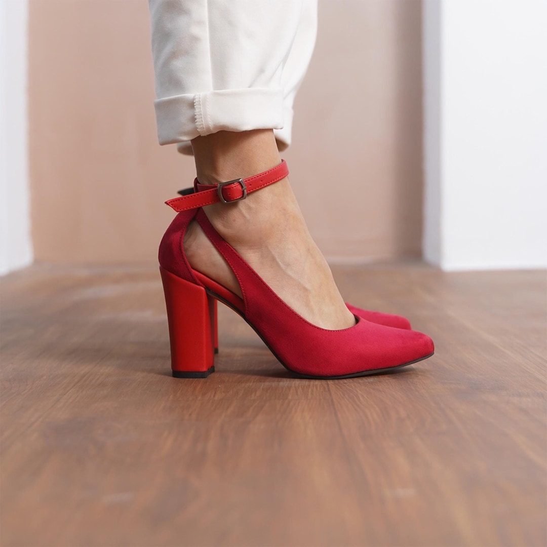Red Wedding Heels, Vegan Suede Bridal Shoes With High Block Heels ...