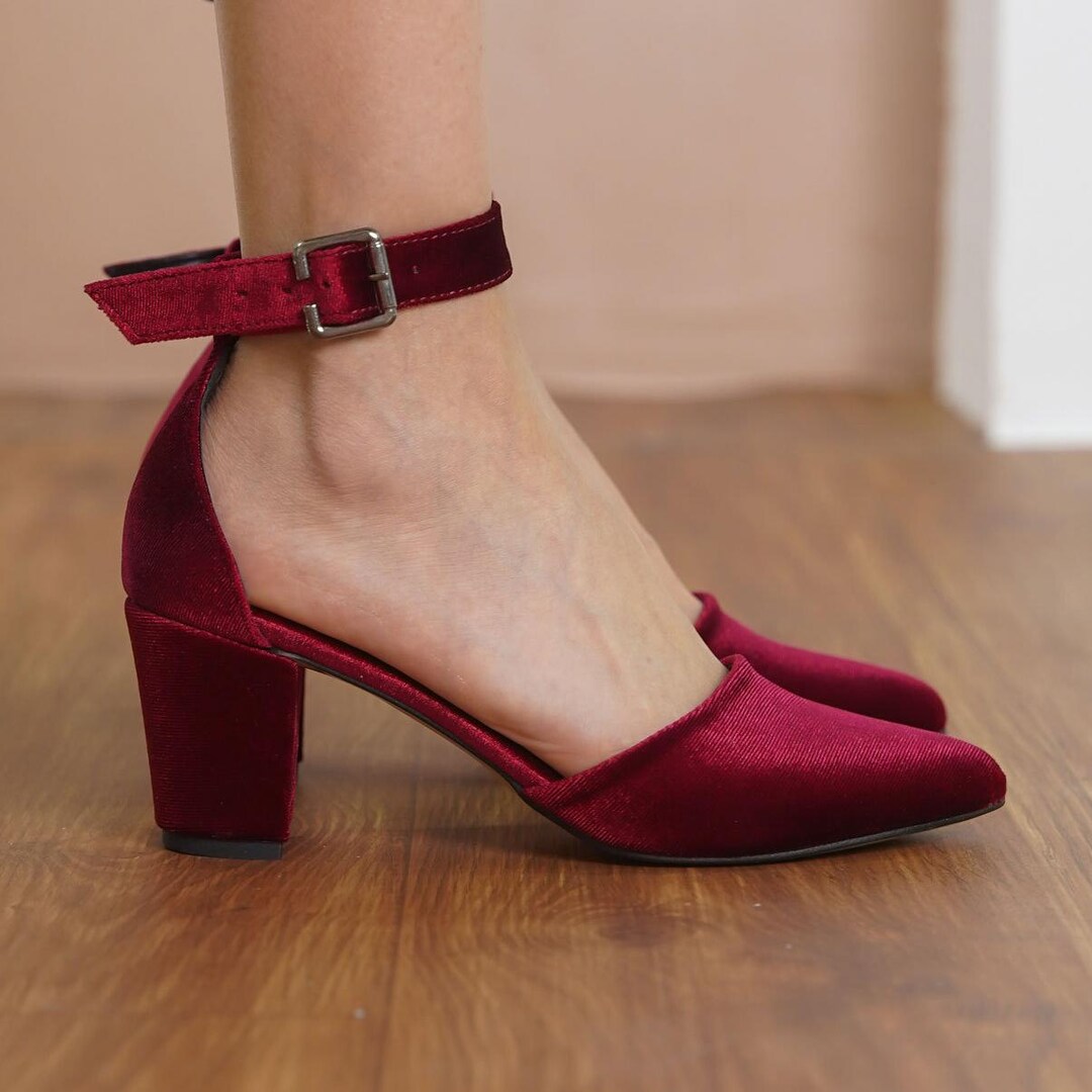 Burgundy Wedding Shoes, Silky Velvet Wedding Heel, Medium High Block ...