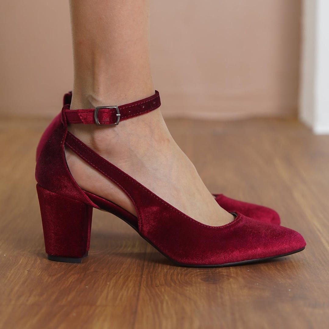 Burgundy Wedding Heels, Red Silky Velvet Bridal Shoes With Medium High ...