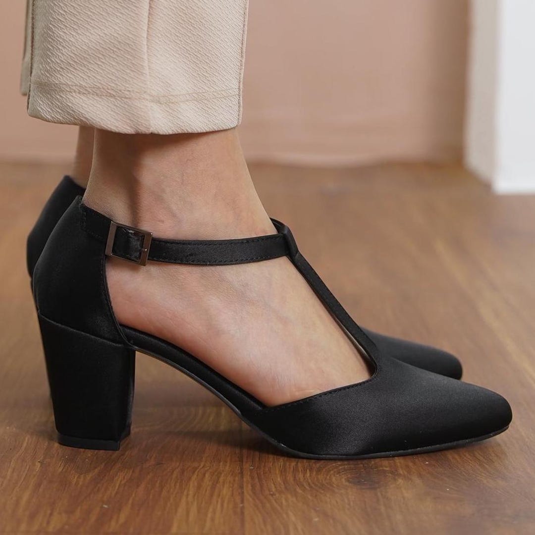 Black Mary Jane Shoes, Black Silky Satin T-straps Boho Wedding Medium ...