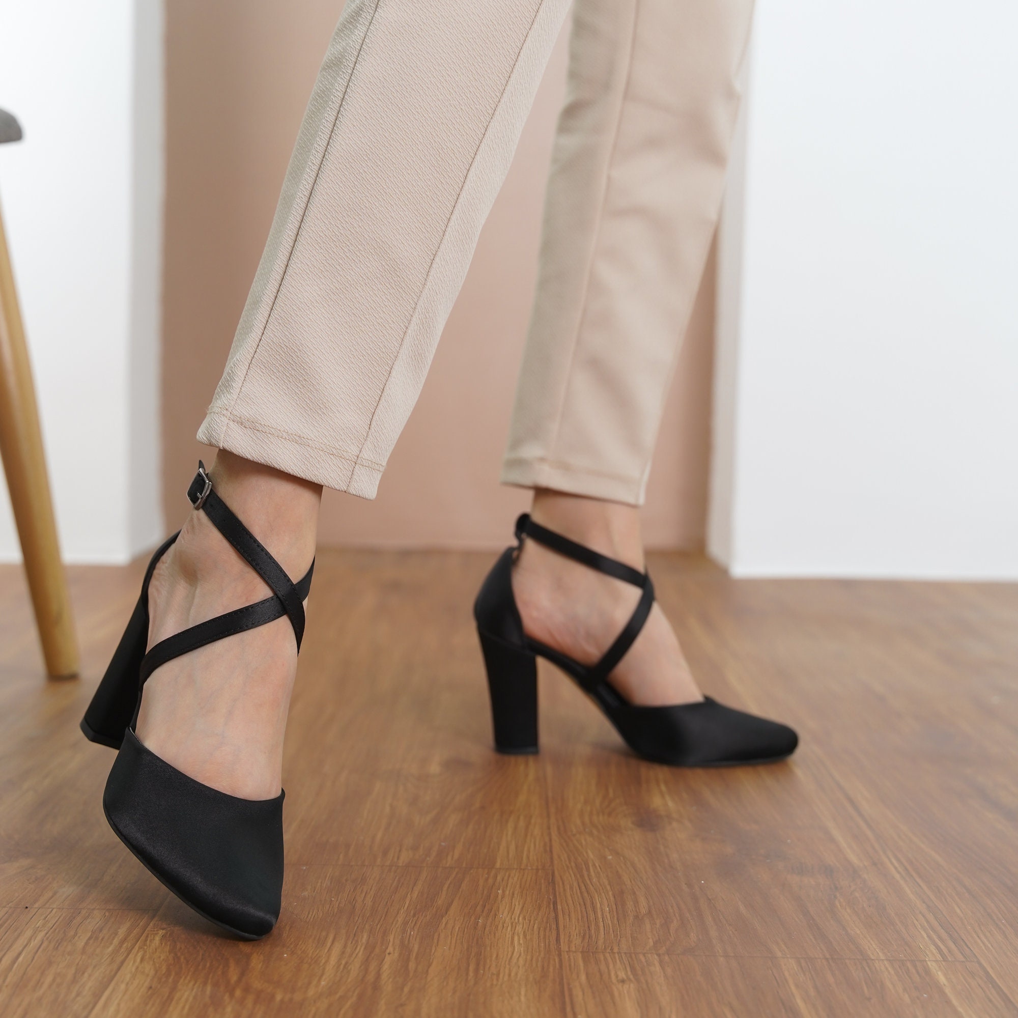 Black Criss Cross Heels, Silky Satin Closed Toe Ankle Straps Wedding ...