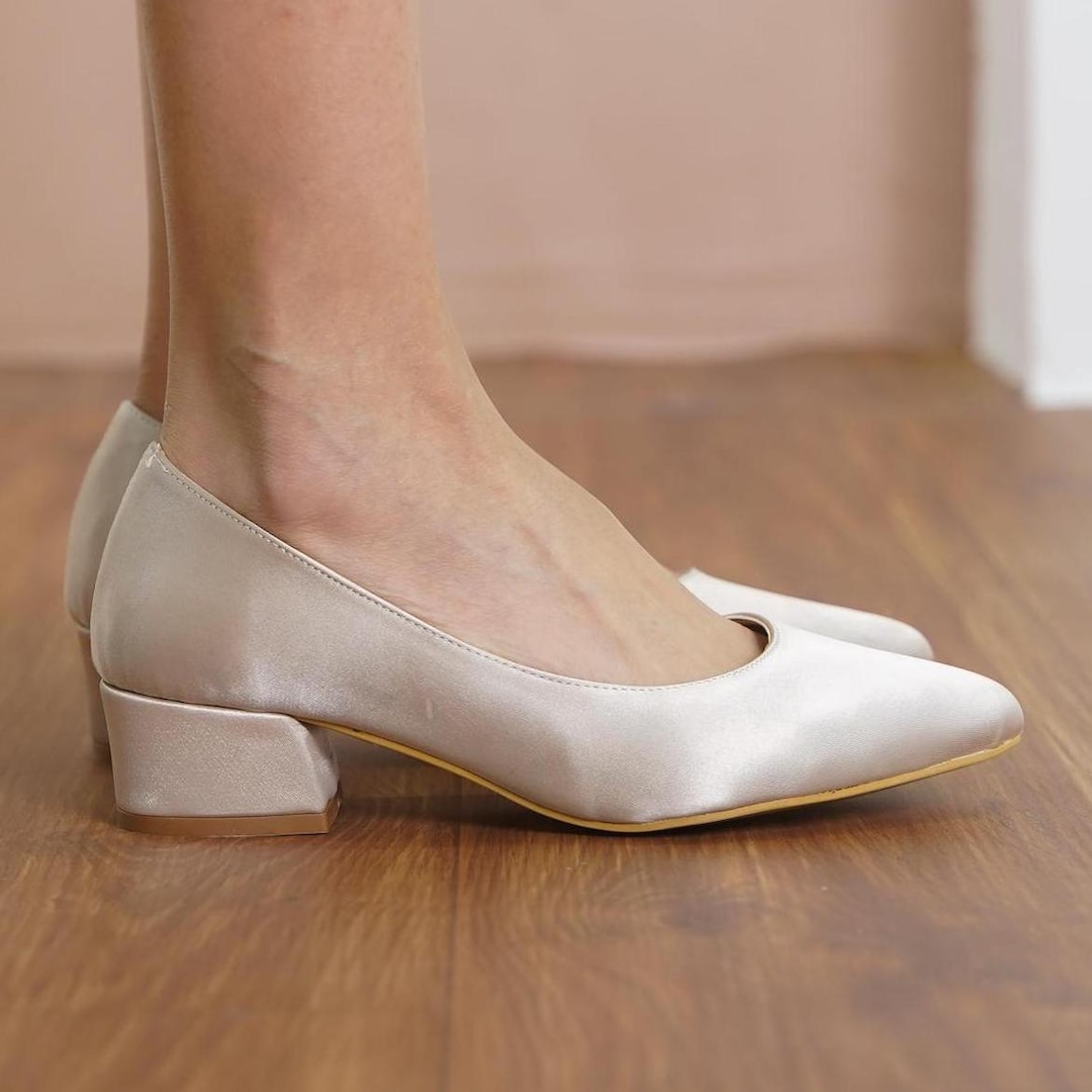 Gold Satin Bridal Heels, Silky Satin Wedding Shoes, Elegant Low Block ...