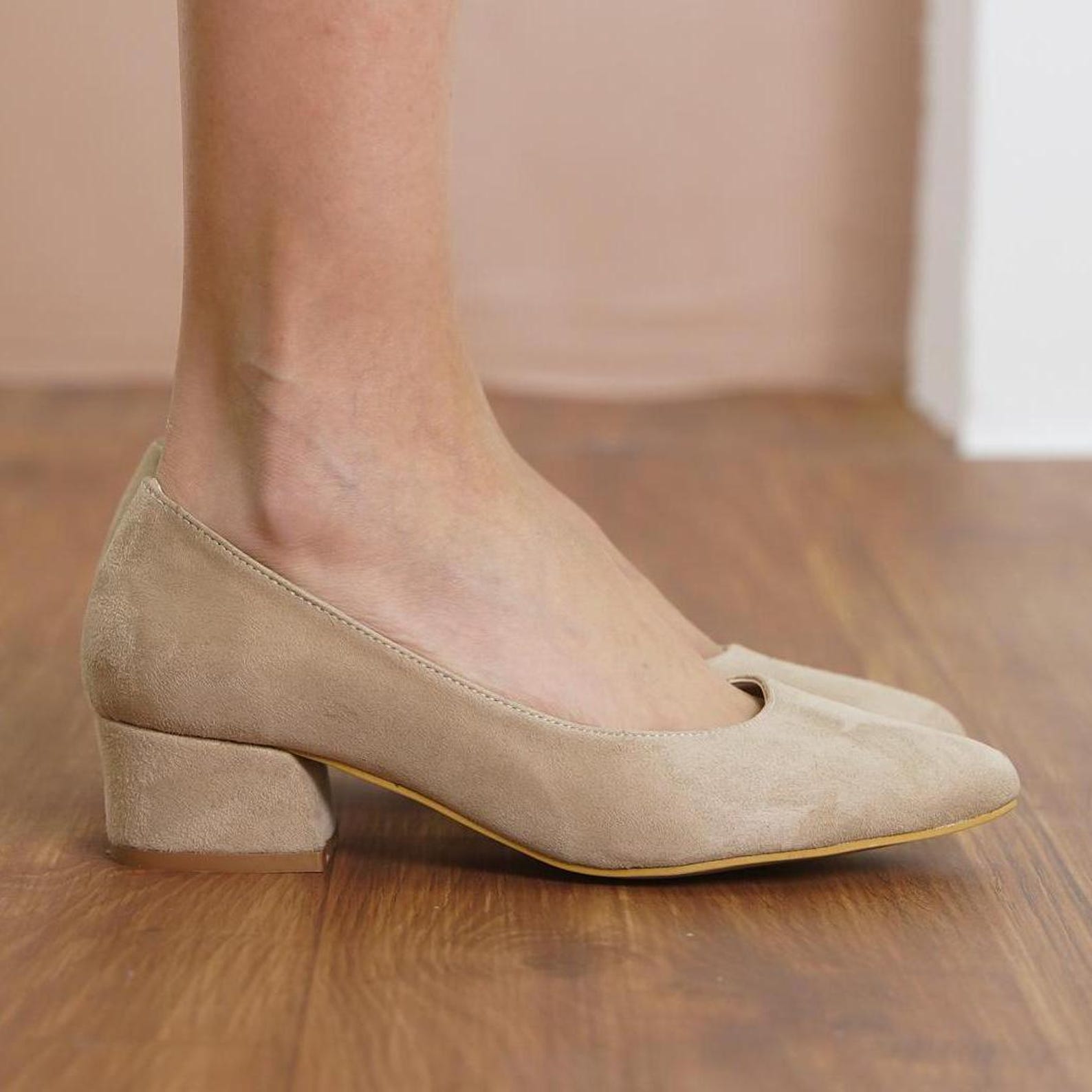 Beige Bridal Heels, Vegan Suede Wedding Shoes, Elegant Low Block Heels ...