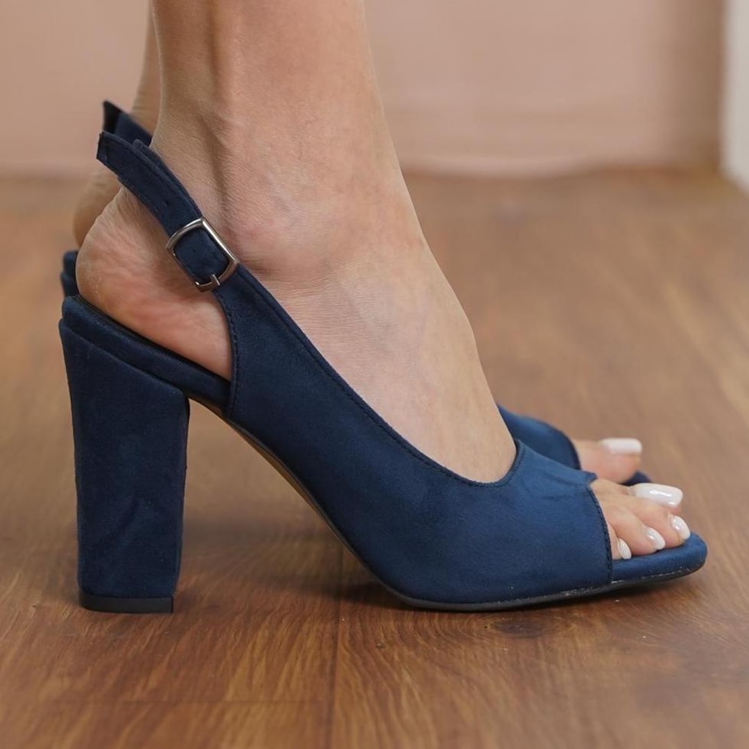 Navy Blue Bride Heels, Dark Blue Suede Wedding Heels, High Bridal Block ...