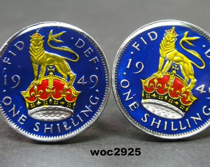 23mm UK British Coin Cufflinks Enamel Shilling English Lion 1942 1943 1945 1946 1947 1948 1949 ...