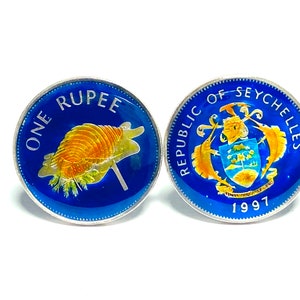 Seychelles Coin Cufflinks , 1 Rupee , Coat of Arms , Triton Conch Shell ...