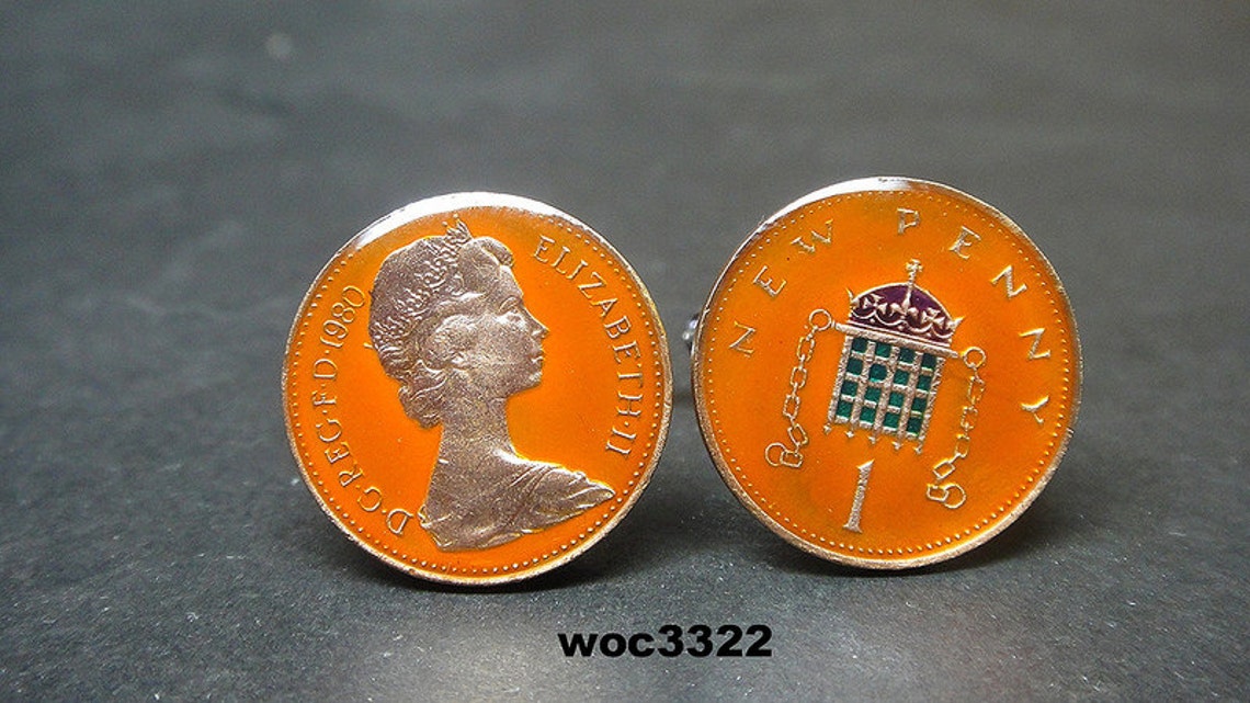 UK British enamelled coin cufflinks One New Penny 20mm 1988 | Etsy