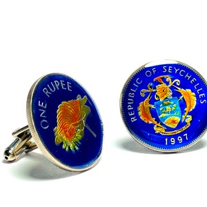 Seychelles Coin Cufflinks , 1 Rupee , Coat of Arms , Triton Conch Shell ...