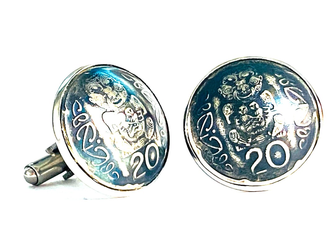 Domed New Zealand Coin Cufflinks 20 Cents 20mm Maori Carving Depicting ...