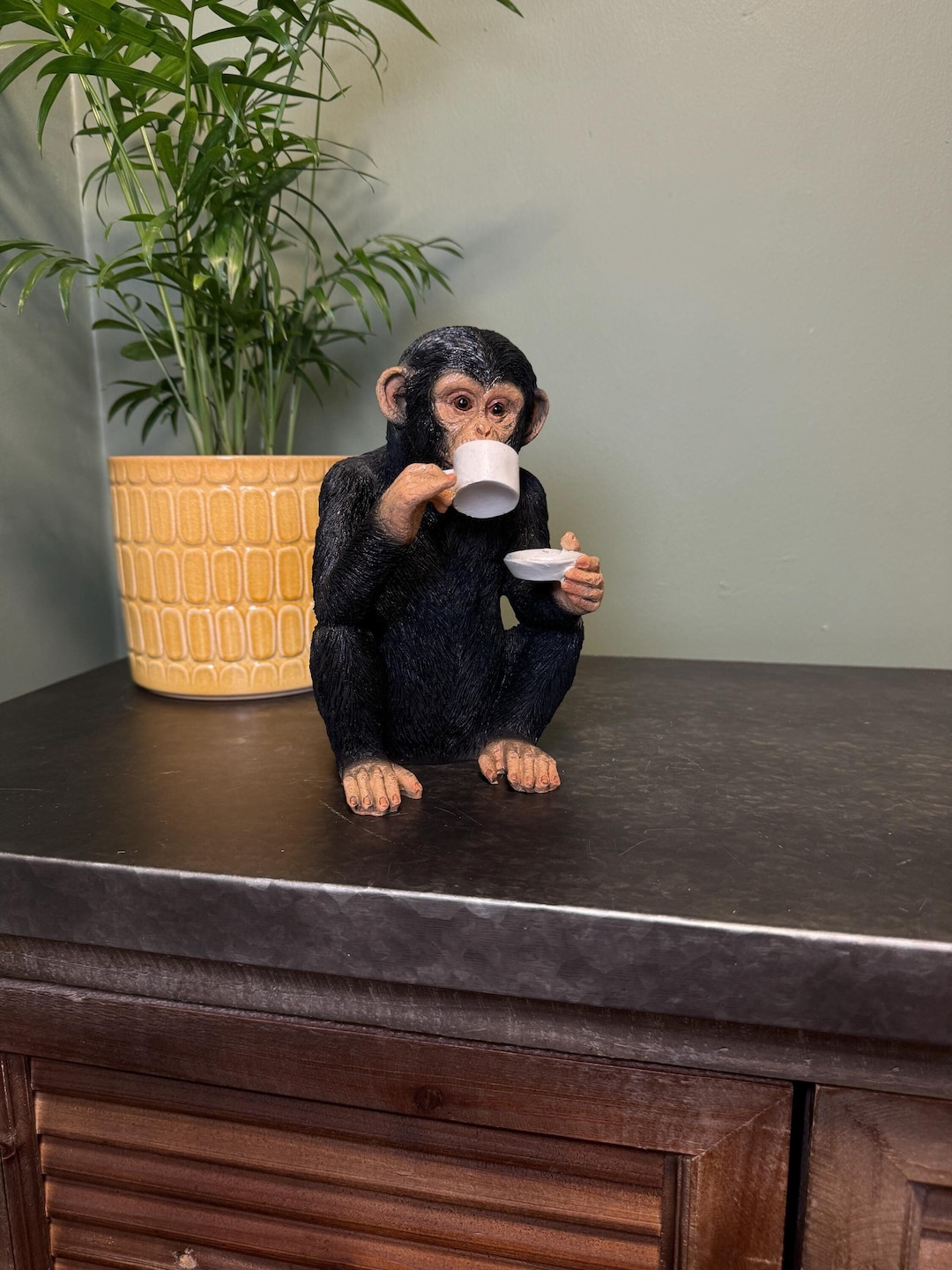 Chimpanzee Drinking Tea | Resin Jungle Theme Novelty Small Figurine ...
