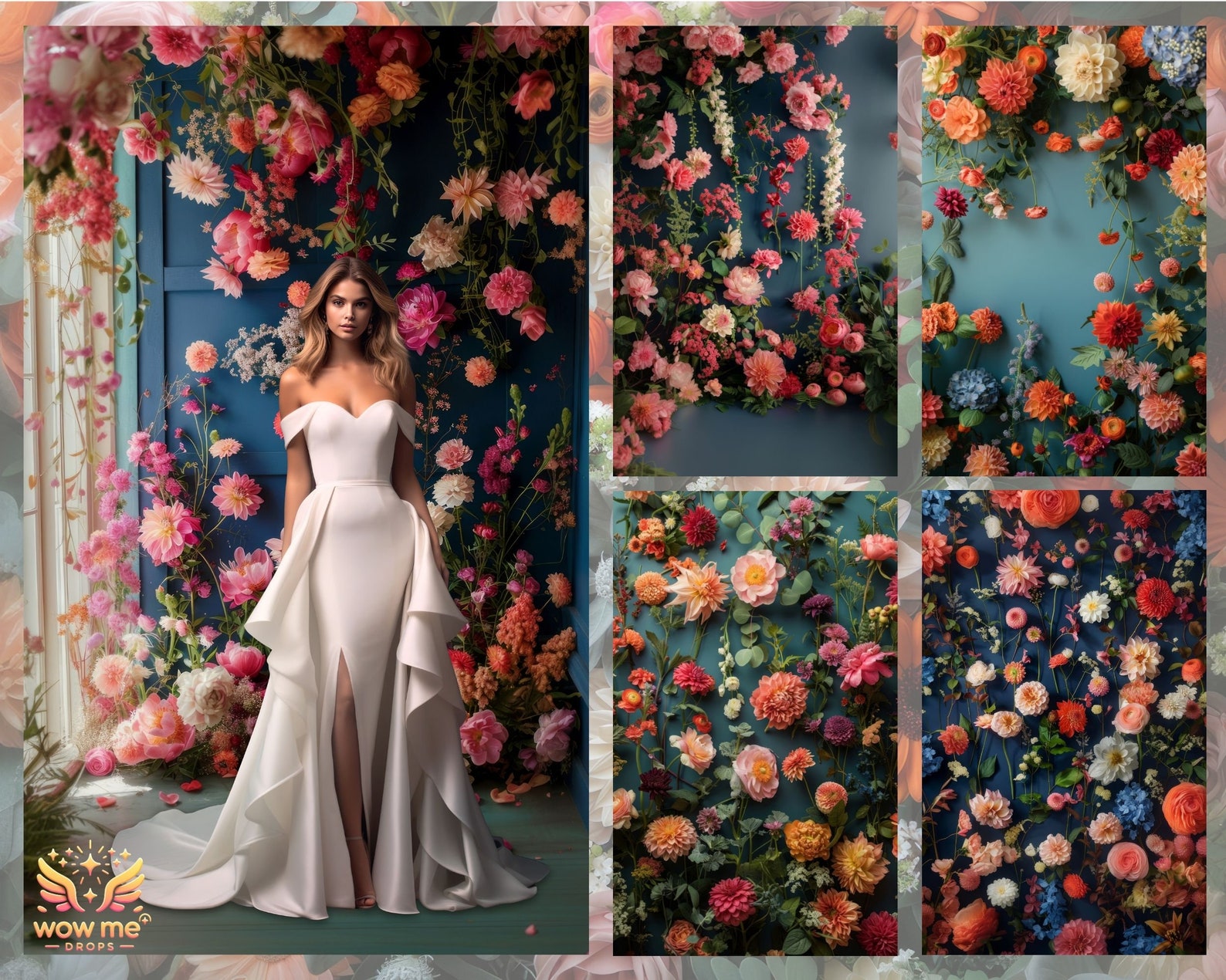 18 Floral Wall Digital Backdrops Set, Elegant Flower Backgrounds ...