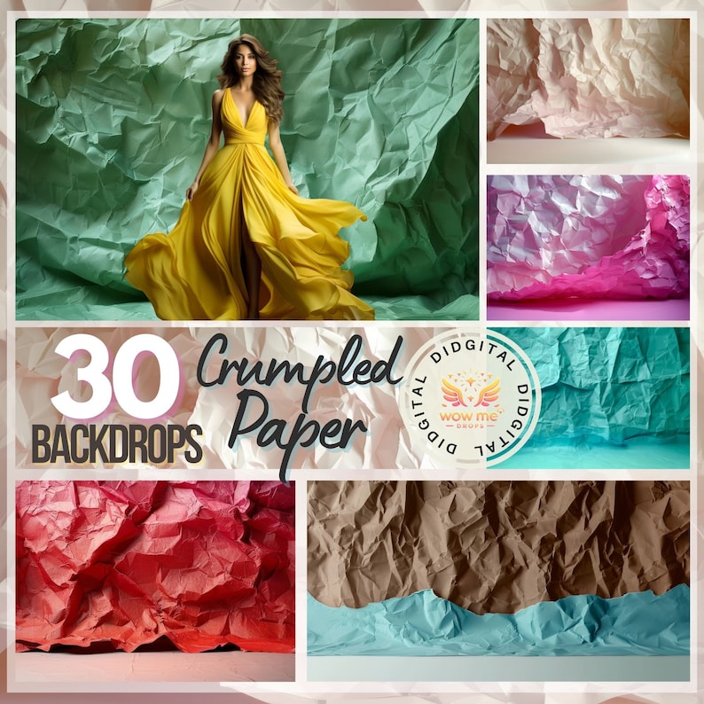 30 Crumpled Paper Digital Backdrop, Fine Art Texture Overlays, Colorful ...