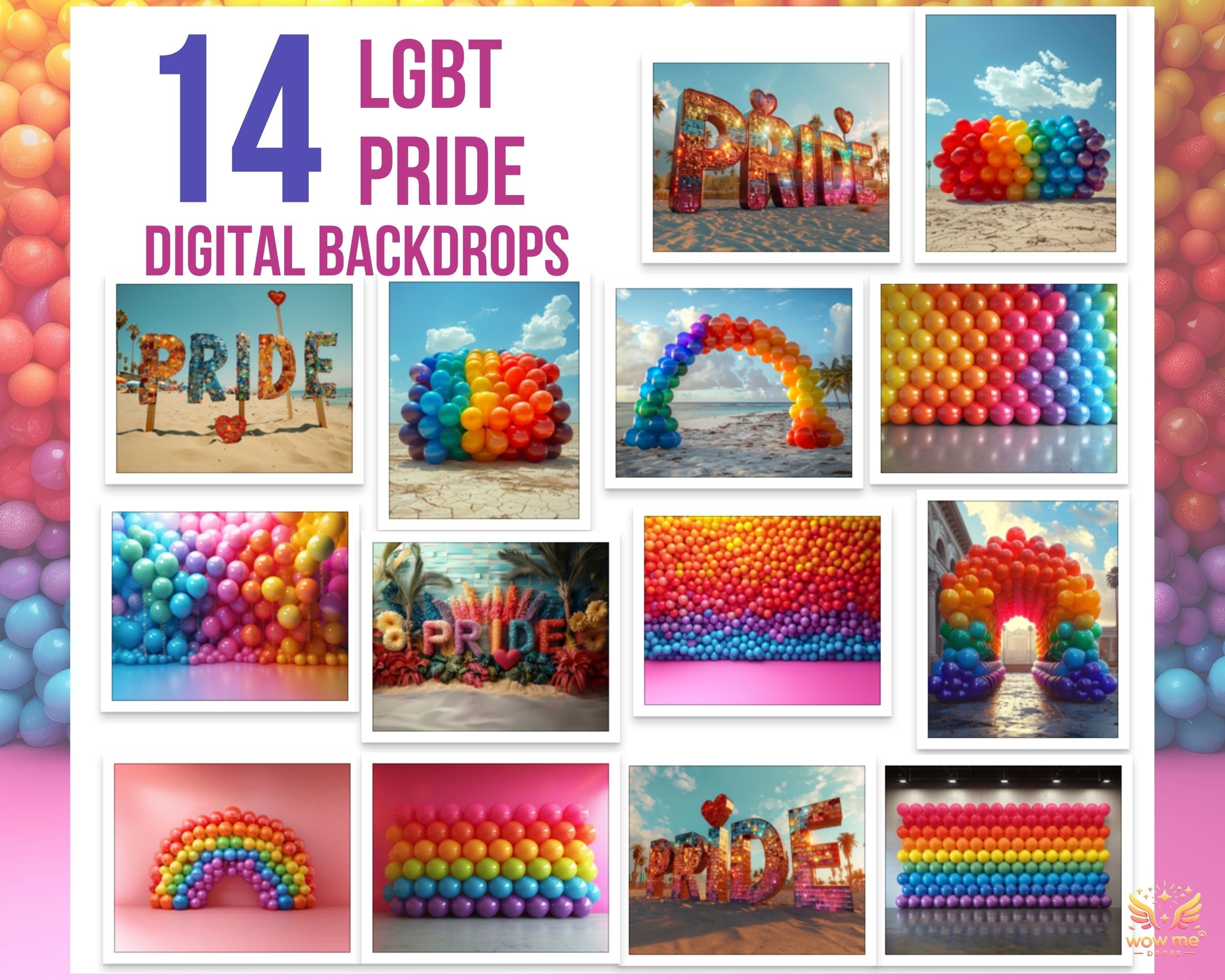 14 LGBT Pride Digital Backdrops: Rainbow Balloon Overlays (digital ...