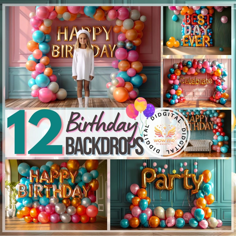 12 Birthday Party Digital Backdrops, Vibrant Balloon Decor for Kids ...