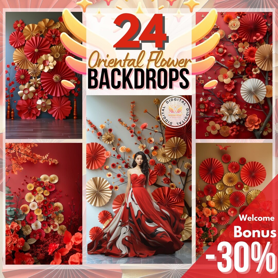 24 Oriental Flower Origami Digital Backdrops, Red Paper Backgrounds ...