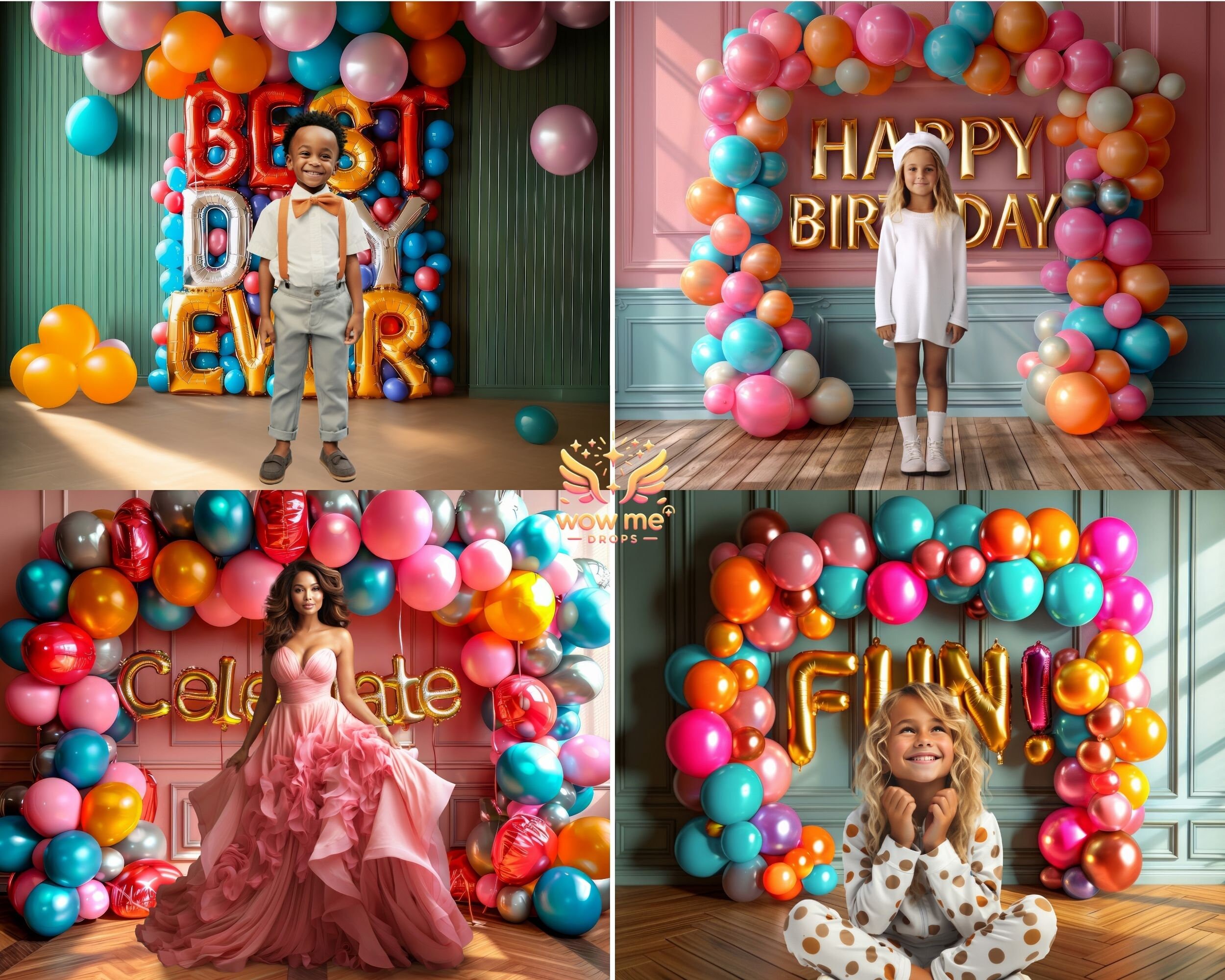 12 Birthday Party Digital Backdrops, Vibrant Balloon Decor for Kids ...