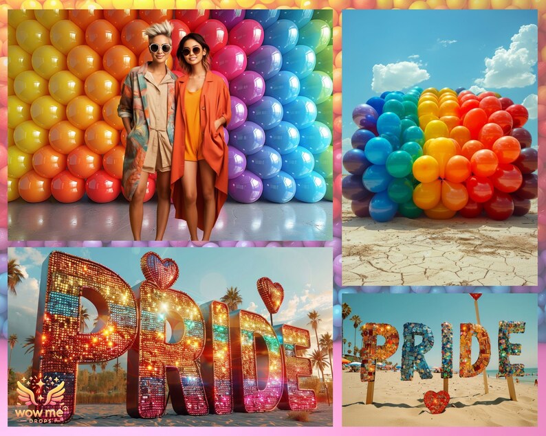 14 LGBT Pride Digital Backdrops, Rainbow Flag Balloon Overlays, Vibrant ...